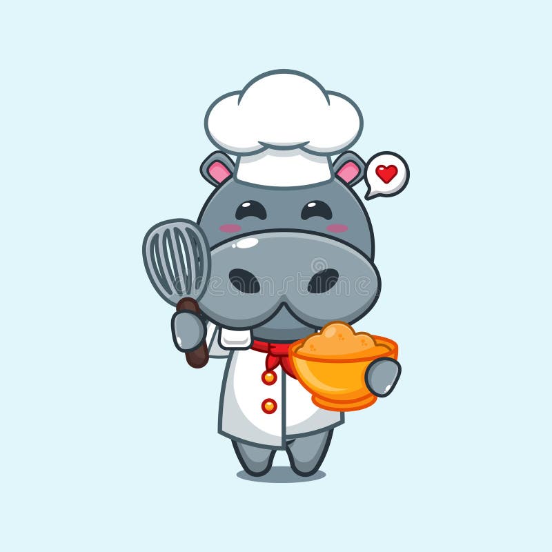 Chef Hippo Cartoon Vector with Cake Dough. Stock Vector - Illustration ...