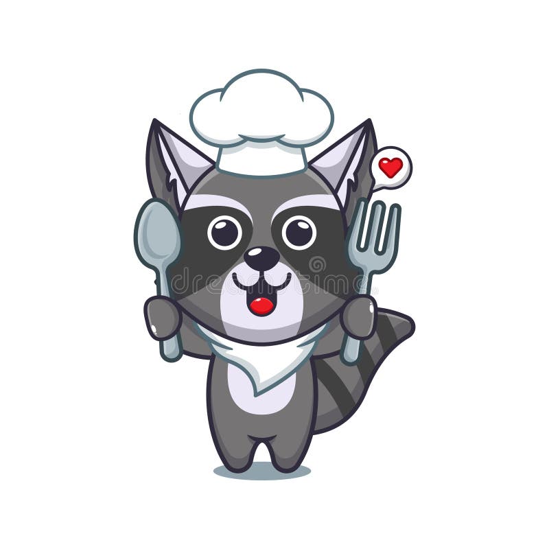 Chef Raccoon Cartoon Vector Holding Spoon and Fork. Stock Vector ...