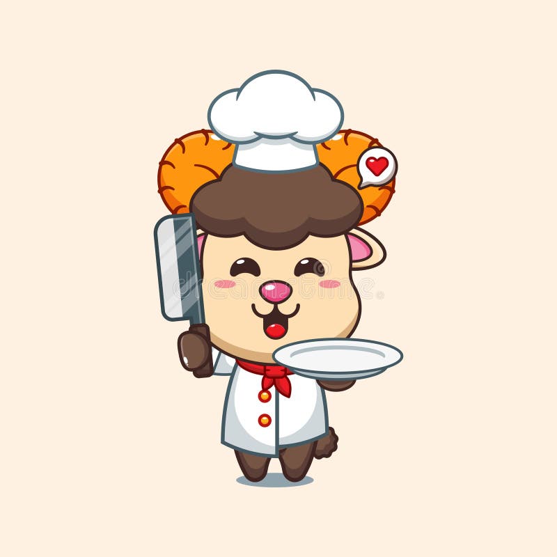 Chef Ram Sheep Cartoon Vector with Knife and Plate. Stock Vector ...