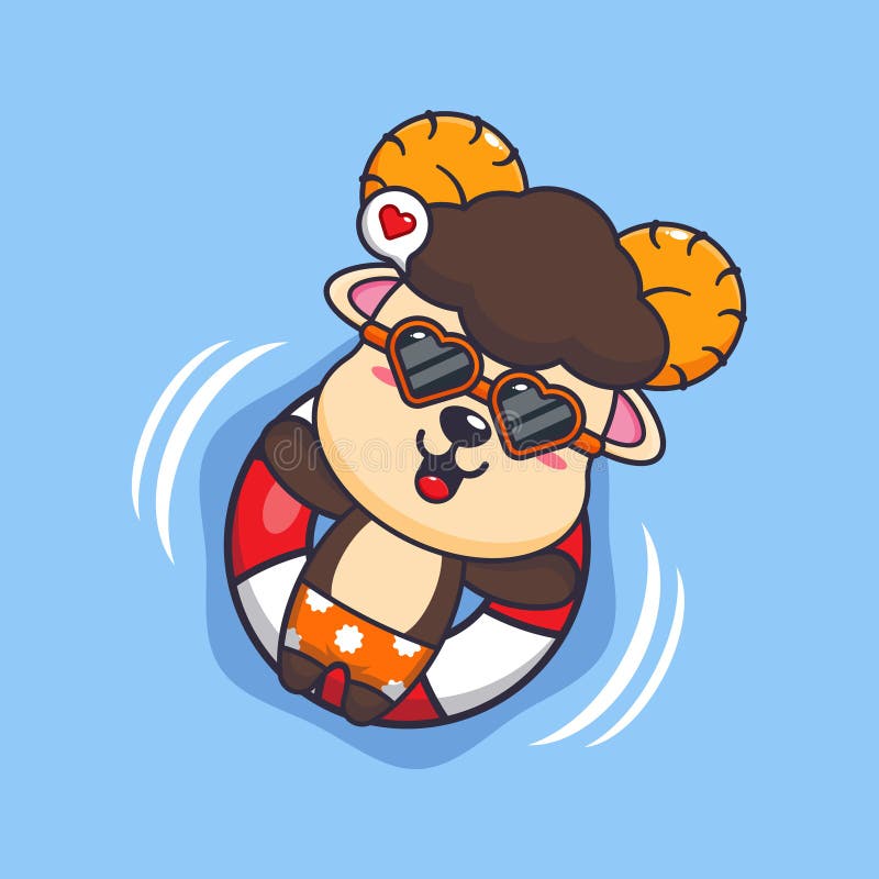 Cute Ram Sheep in Sunglasses Float with Buoy. Stock Vector ...