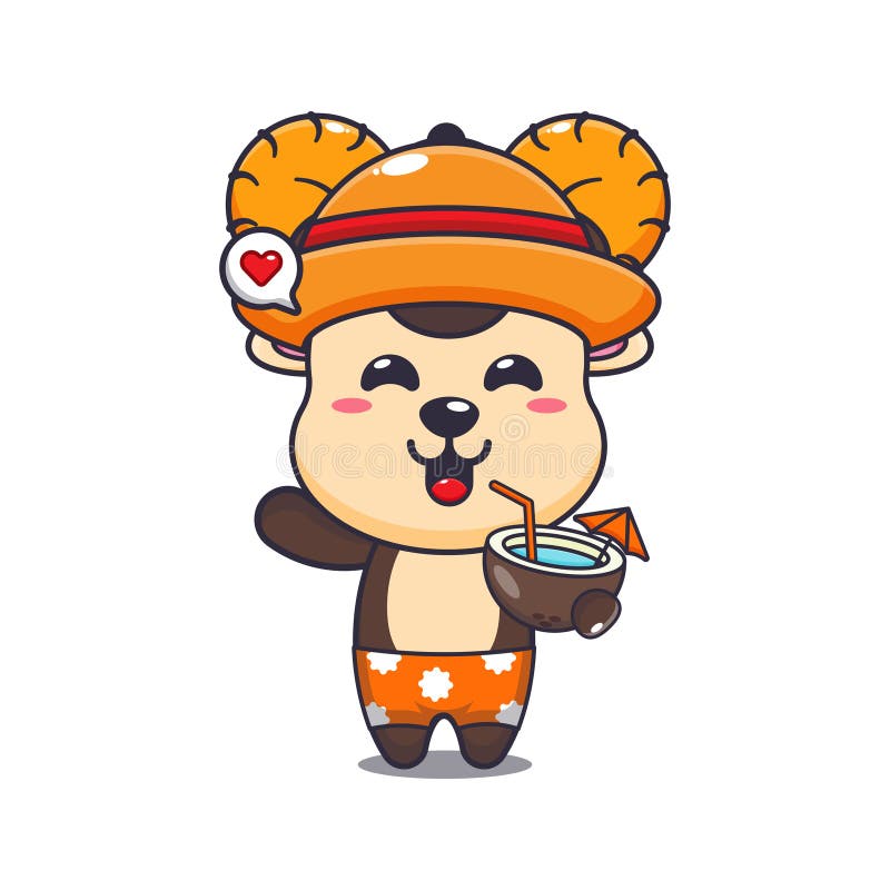 Cute Ram Sheep Drink Coconut Cartoon Illustration. Stock Vector ...