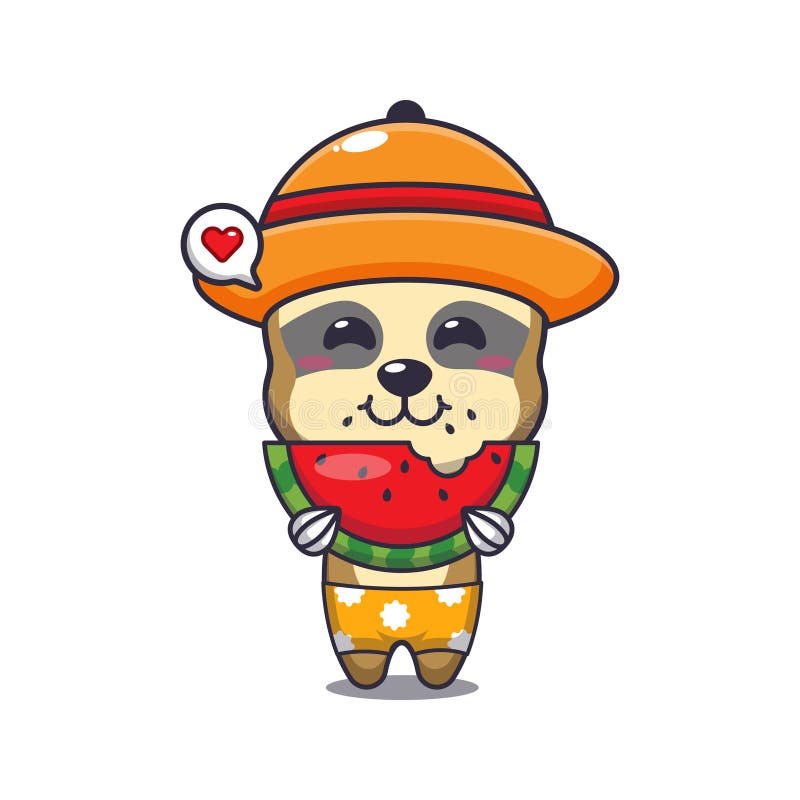 Cute Sloth Eating Fresh Watermelon Cartoon Illustration. Stock Vector ...