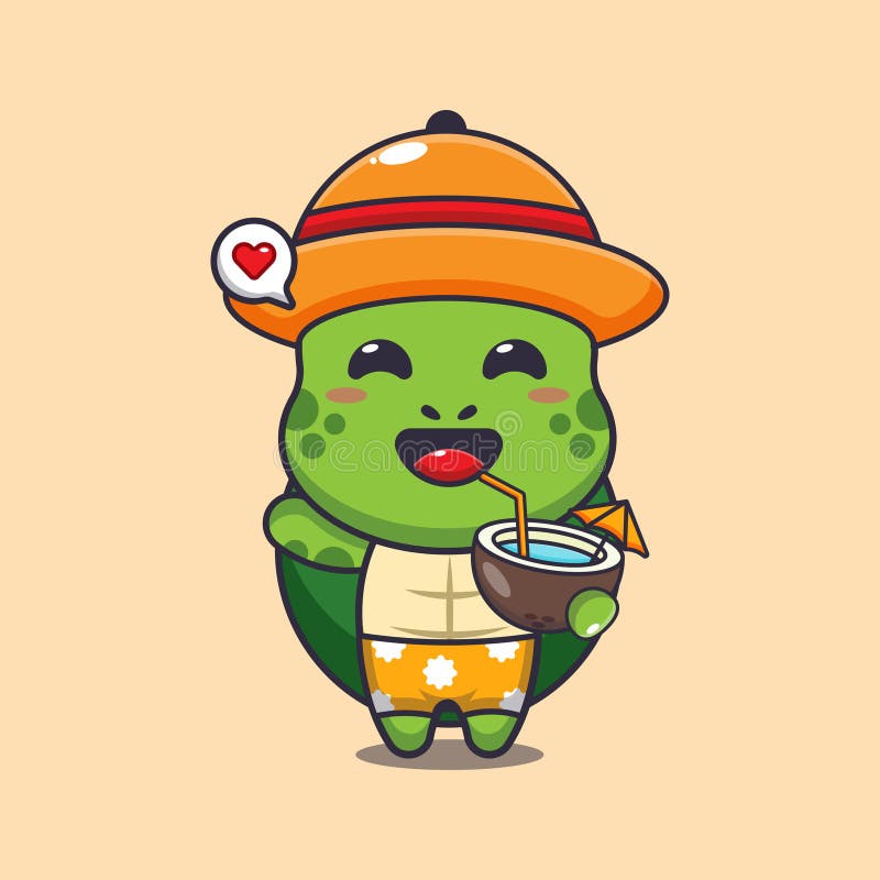 Cute Turtle Drink Coconut Cartoon Illustration. Stock Vector ...