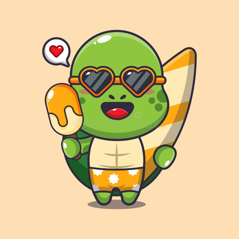 Cute Turtle with Surfboard Holding Ice Cartoon Illustration. Stock ...