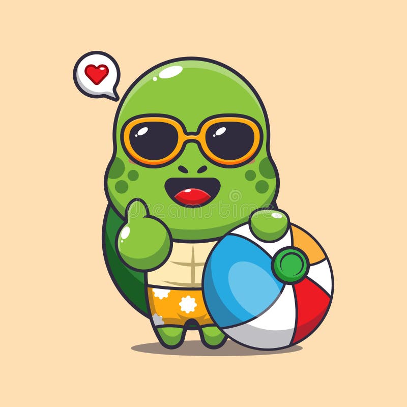 Cute Turtle in Sunglasses with Beach Ball Cartoon Illustration. Stock ...