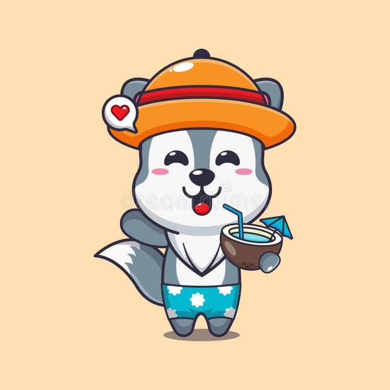 Cute Wolf Drink Coconut Cartoon Illustration. Stock Vector ...