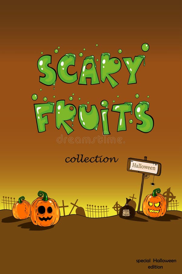 Cute Scary Fruit Collection As Halloween Monsters. Orange Character ...