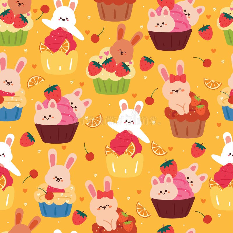 Cute Seamless Pattern Cartoon Bunny with Cute Dessert Stock Vector ...