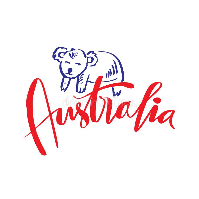 Australia Lettering with Koala. Handwritten Text. Vector Illustration ...