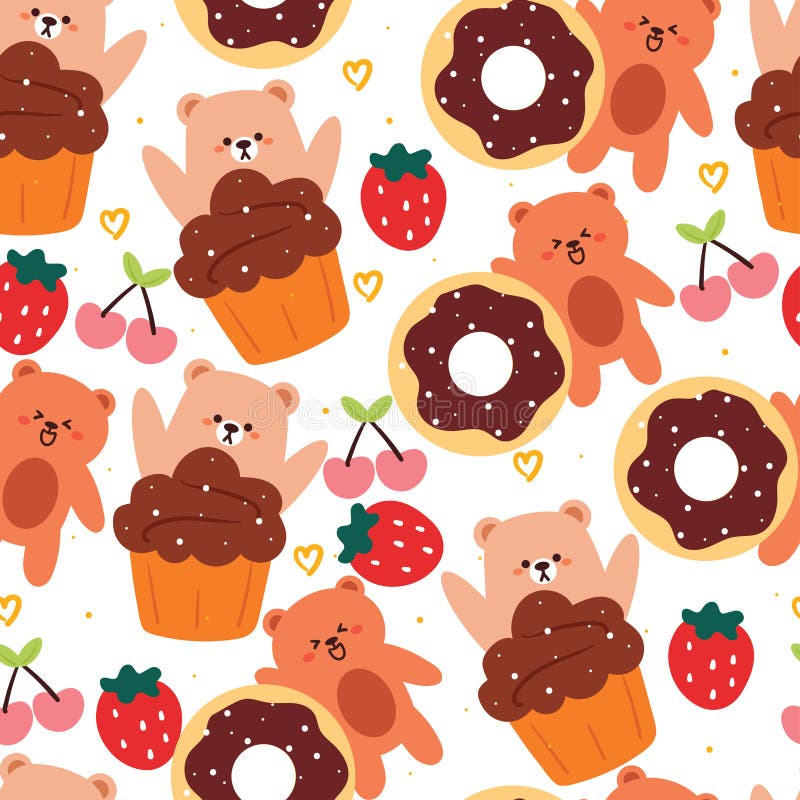 Cute Seamless Pattern Cartoon Bear with Cute Dessert Stock Vector ...