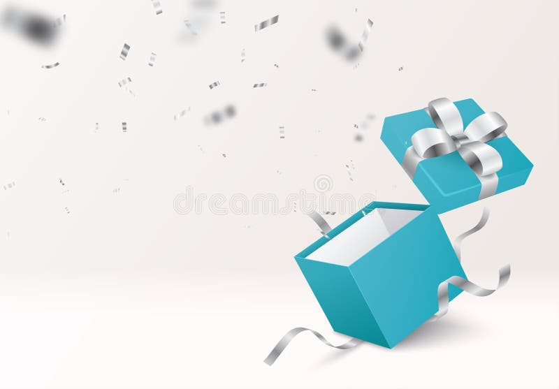 Open Box with Silver Confetti and Ribbon Stock Vector - Illustration of ...