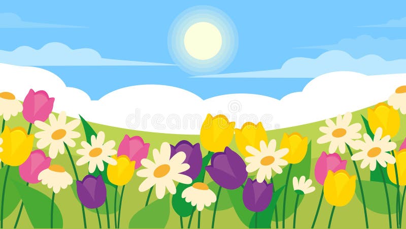 Spring Landscape with Flowers and Sun. Vector Illustration Stock Vector ...