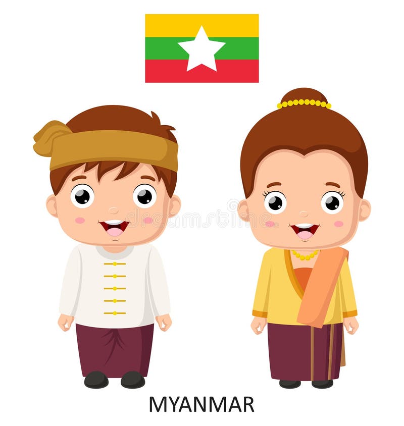 Cute Myanmar Boy and Girl in National Clothes Stock Vector ...