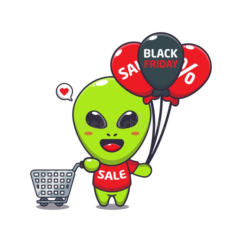Cute Alien with Shopping Cart and Balloon at Black Friday Sale Cartoon ...