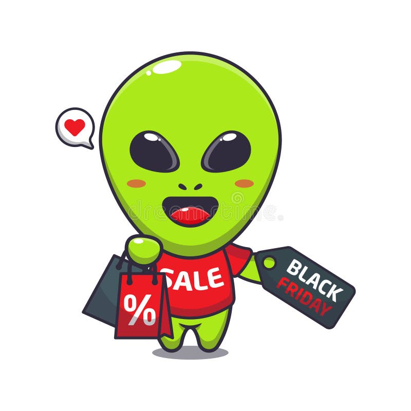 Cute Alien with Shopping Bag and Black Friday Sale Discount Cartoon ...