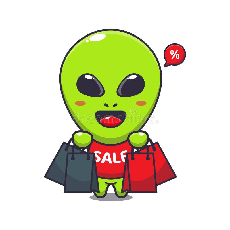 Cute Alien with Shopping Bag in Black Friday Sale Cartoon Vector ...