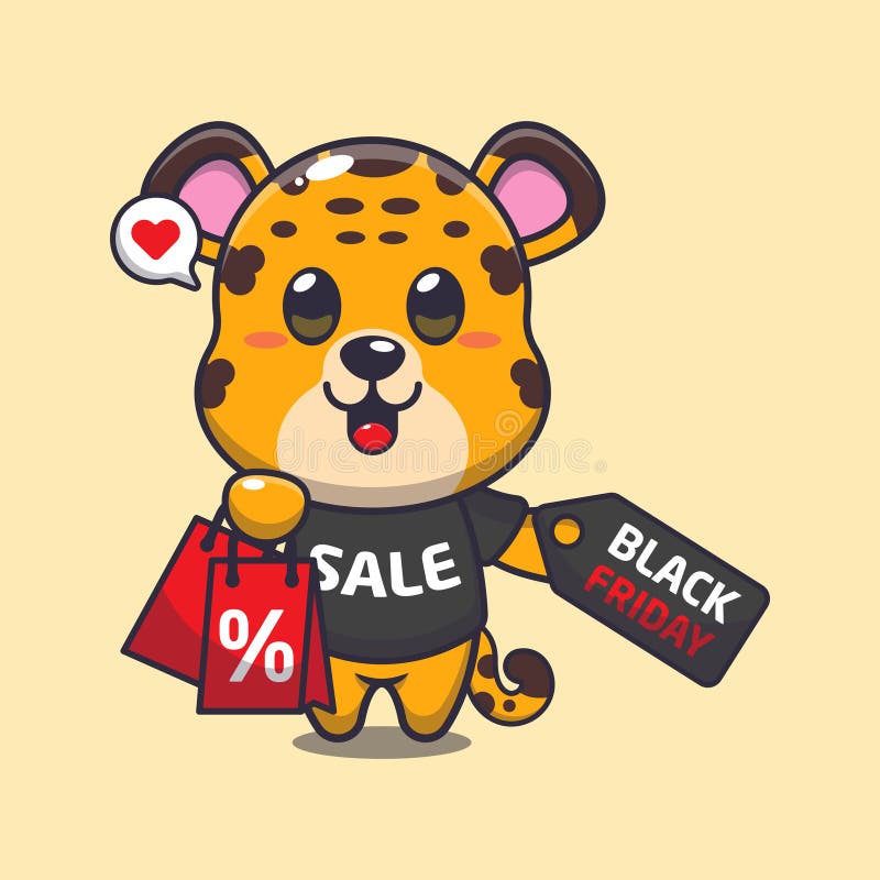 Cute Leopard with Shopping Bag and Black Friday Sale Discount Cartoon ...