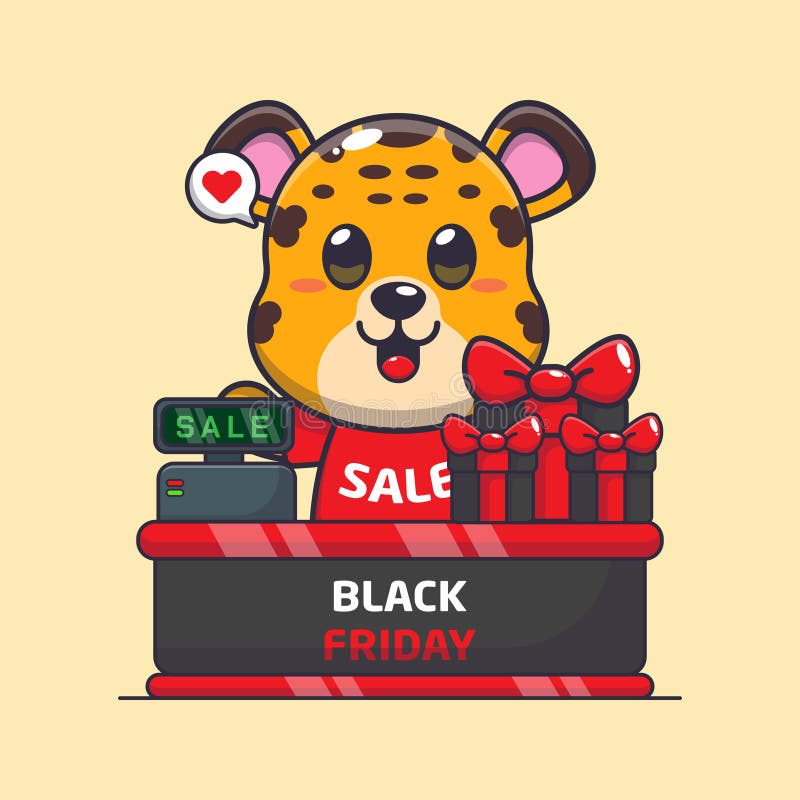 Cute Leopard with Cashier Table in Black Friday Sale Cartoon Vector ...