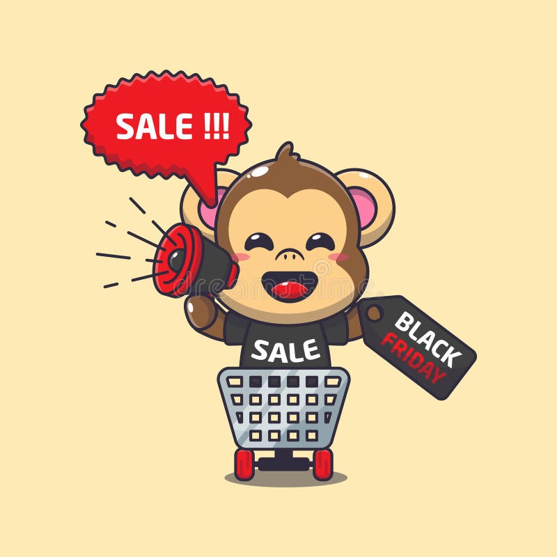 Cute Monkey in Shopping Cart is Promoting Black Friday Sale with Megaphone Cartoon Vector ...