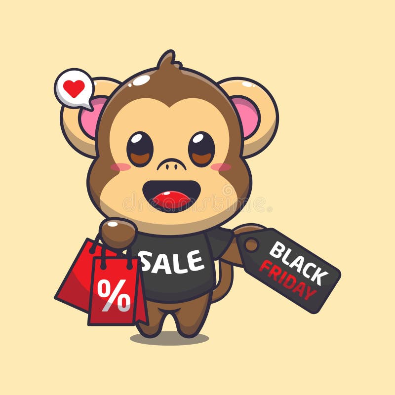 Cute Monkey with Shopping Bag and Black Friday Sale Discount Cartoon ...