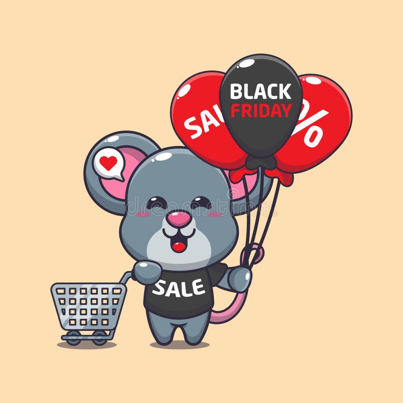 Cute Mouse with Shopping Cart and Balloon at Black Friday Sale Cartoon ...