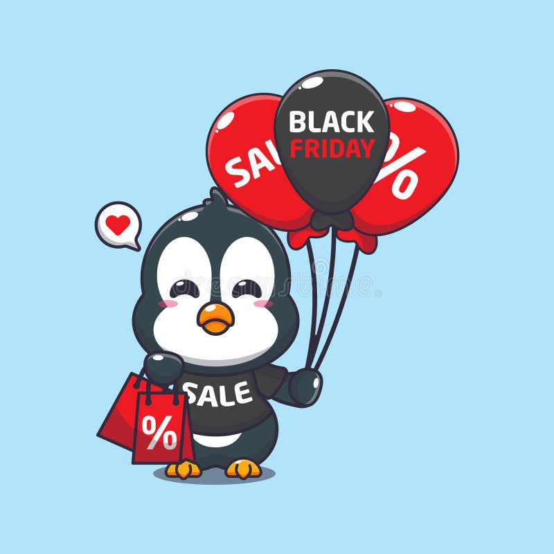 Cute Penguin with Shopping Bag and Balloon at Black Friday Sale Cartoon ...