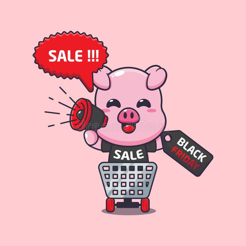 Cute Pig in Shopping Cart is Promoting Black Friday Sale with Megaphone ...