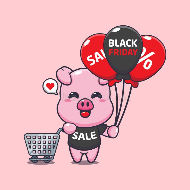 Cute Pig with Shopping Cart and Balloon at Black Friday Sale Cartoon ...