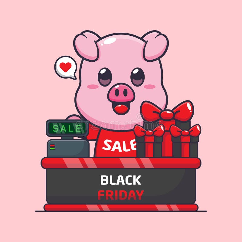 Cute Pig with Cashier Table in Black Friday Sale Cartoon Vector ...