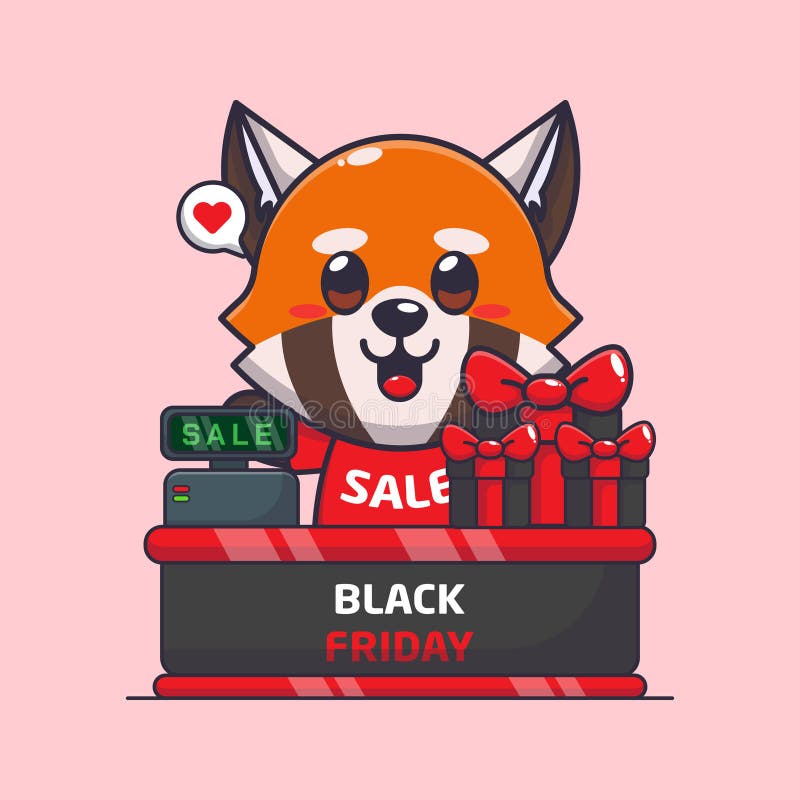 Cute Red Panda with Cashier Table in Black Friday Sale Cartoon Vector ...