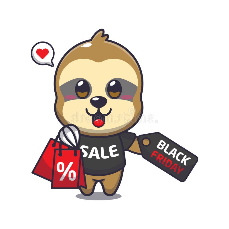 Cute Sloth with Shopping Bag and Black Friday Sale Discount Cartoon ...