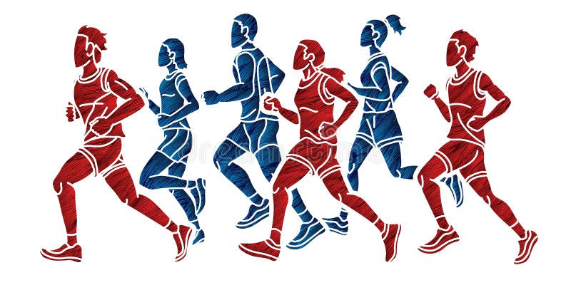 Group of People Men and Women Running Together Marathon Runner Cartoon ...