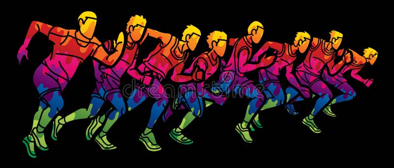 Men Runner Mix Action Marathon Running Sport Cartoon Graphic Stock ...