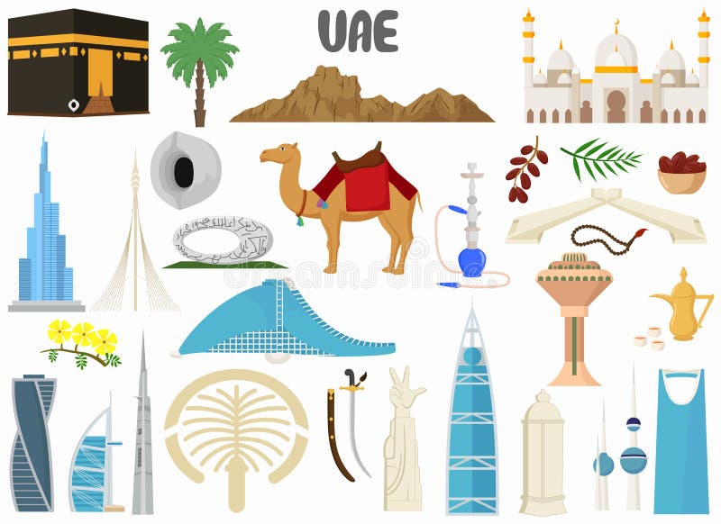 Set of UAE Famous Landmarks Stock Vector - Illustration of famous ...