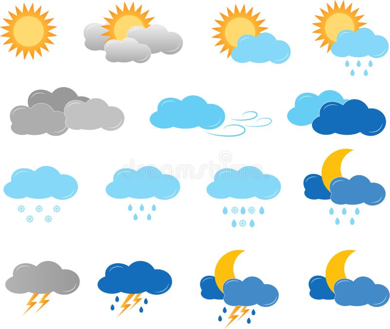 Weather Elements Vector Illustration of Clouds, Sun, Moon, Rain Stock ...