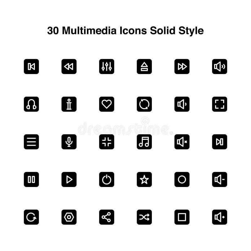 30 Multimedia Icons Set Solid Style Icon Stock Vector - Illustration of ...