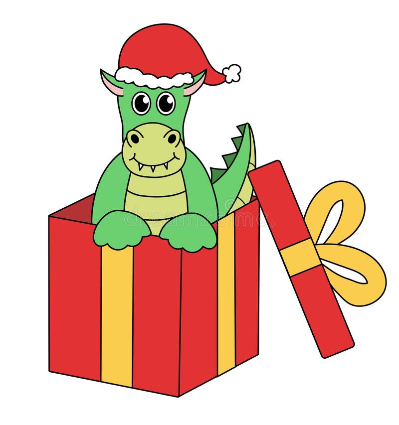 Cartoon Christmas and New Year Dragon Character. Cute Dragon in Gift ...