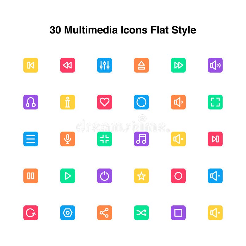 30 Multimedia Icons Set Flat Style Icon Stock Vector - Illustration of ...