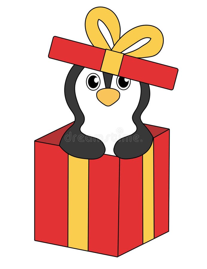 Cartoon Christmas and New Year Penguin Character. Cute Penguin in Gift ...
