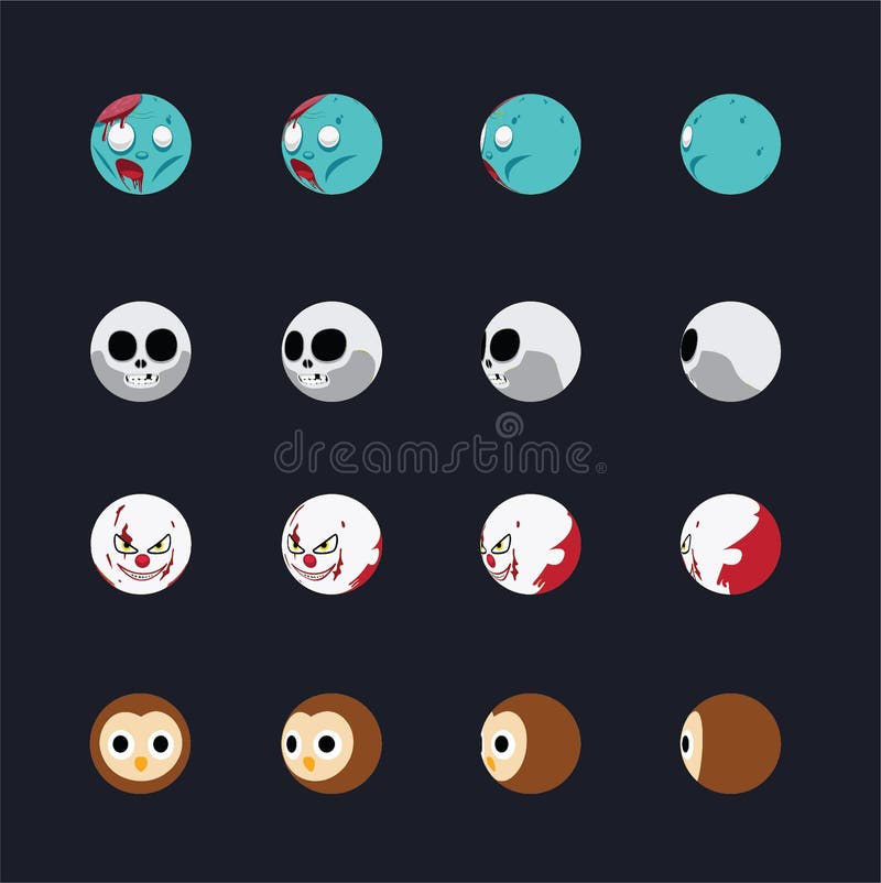 Halloween Ball Head Animation Zombie Skull Clown Owl Cartoon Vector ...
