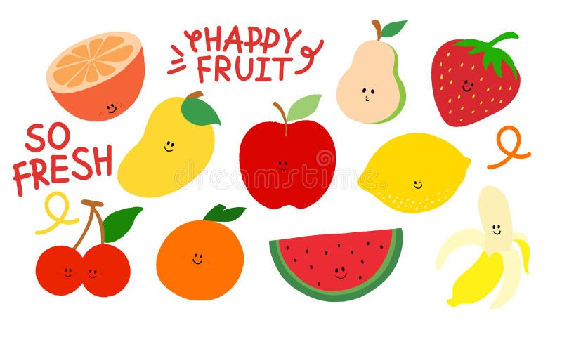 Happy Fruits Drawing in Crayon Such As Mango, Banana, Orange, Lemon ...