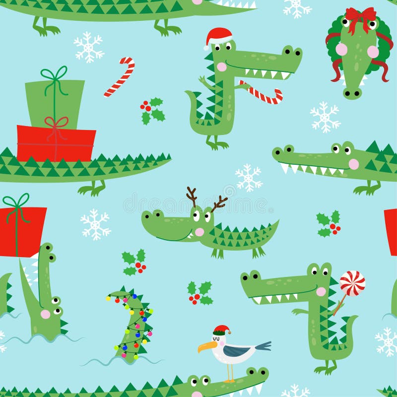 Christmas Crocodile Pattern Design with Several Alligators - Funny Hand ...
