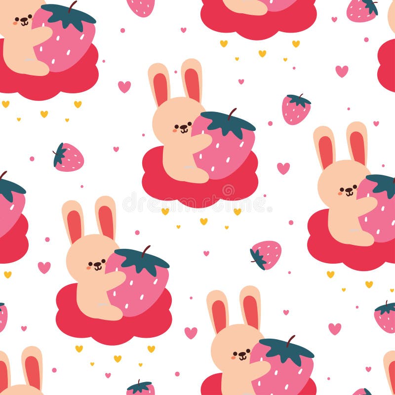 Seamless Pattern Cartoon Bunny Holding a Strawberry on a Pink Cloud ...