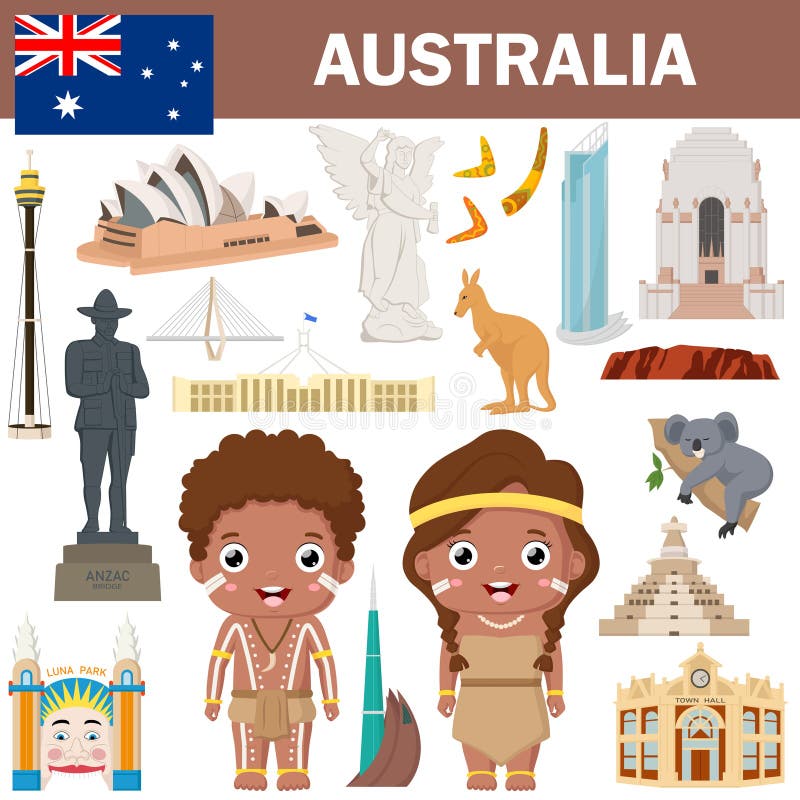Set of Australia Famous Landmarks Stock Vector - Illustration of ...