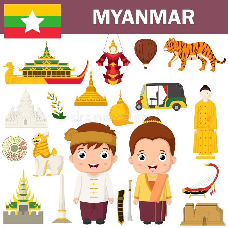 Set of Myanmar Famous Landmarks Stock Vector - Illustration of building ...