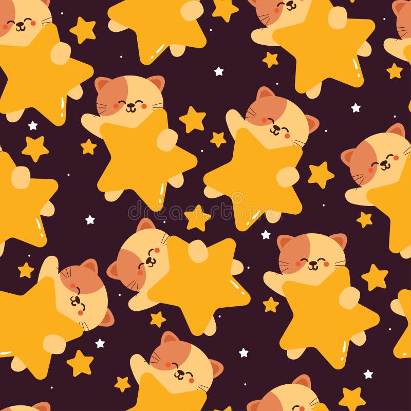 Cute Seamless Pattern Cartoon Cat with Stars in Night Sky Stock Vector ...