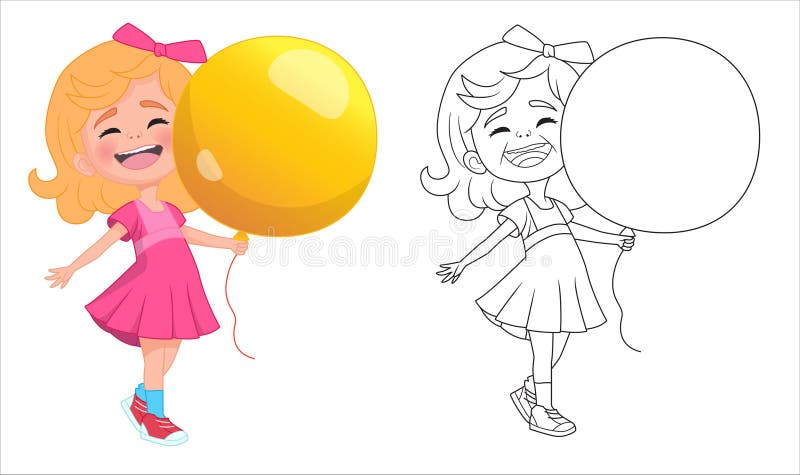 Cute Little Girl in a Pink Dress Holding a Balloon Smiling Vector ...