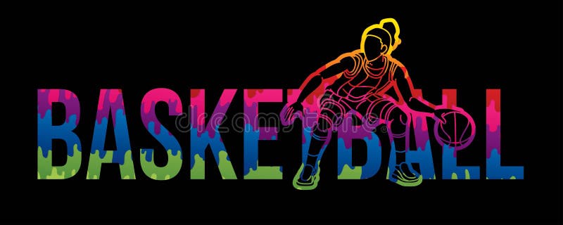 Basketball Female Player Action with Basketball Font Design Cartoon ...