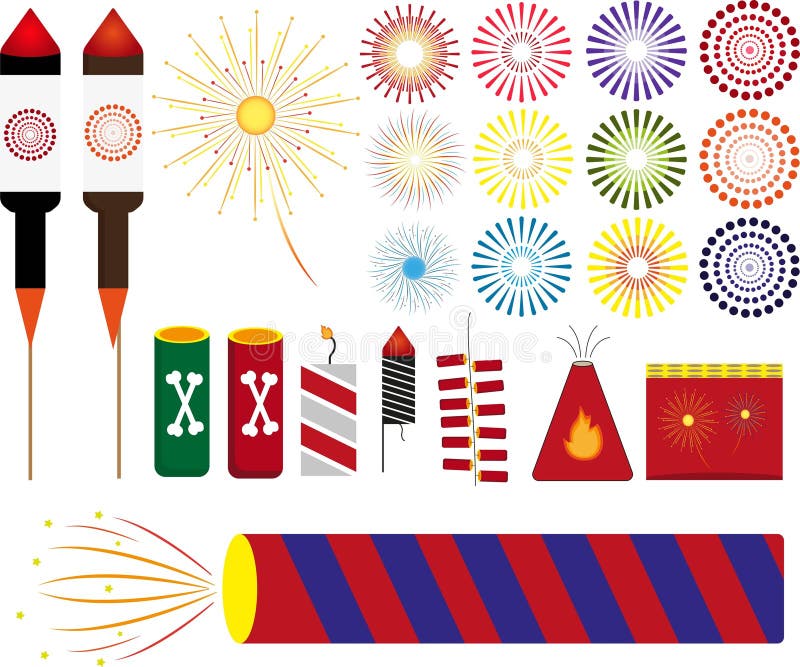 Fireworks. Different Pyrotechnics Vector Icons Including Firecrackers ...