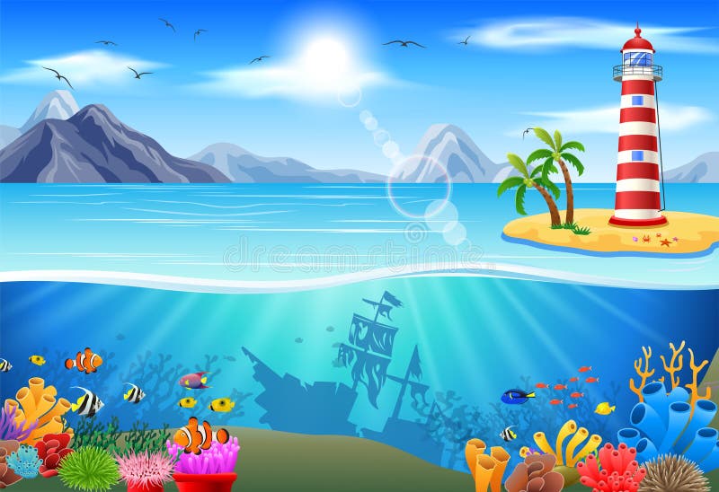 Seascape with Lighthouse and Tropical Fish. Stock Illustration ...